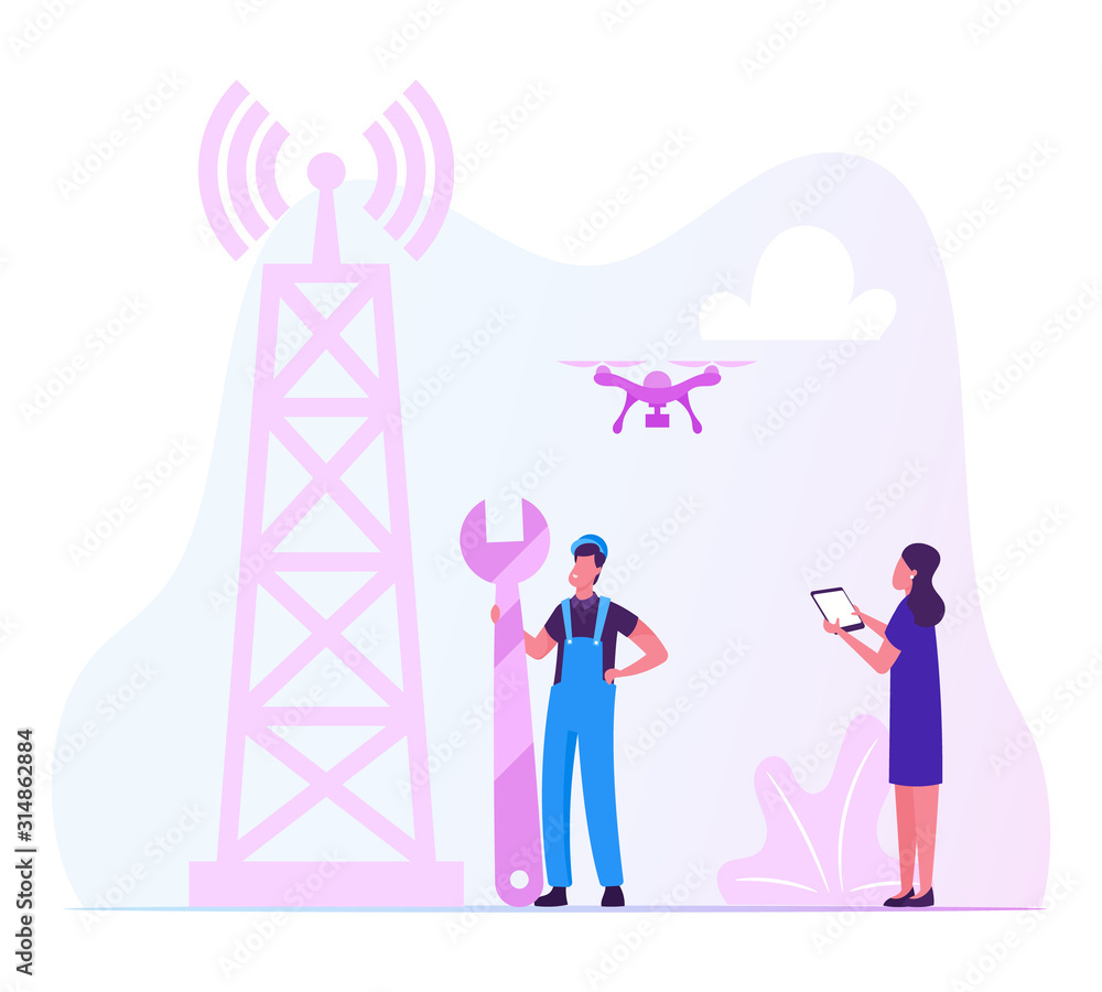 Worker in Uniform Hold Wrench Install Equipment for 5G Internet on ...