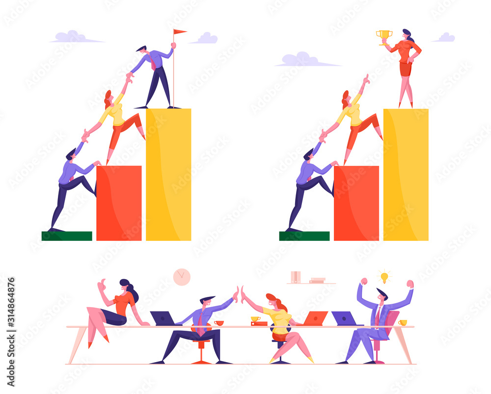 Set of Business People Climbing Up Financial Graph and Chart Stairs Set ...