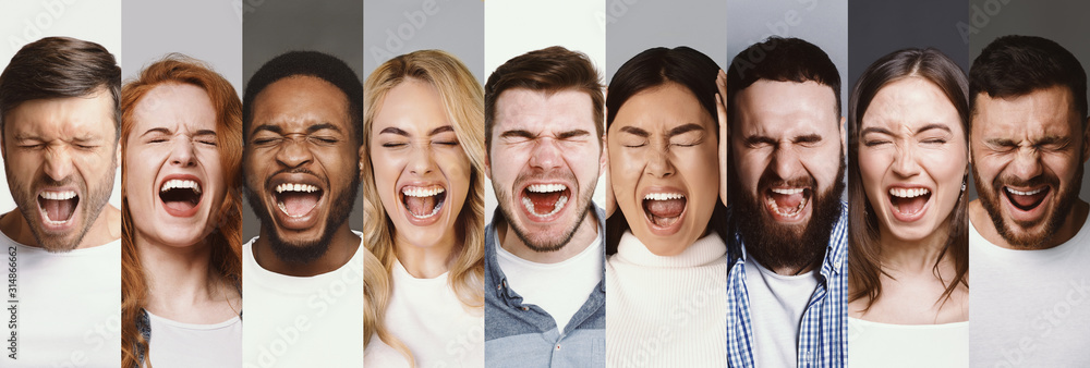 Collage of diverse multiracial angry people screaming Stock Photo ...