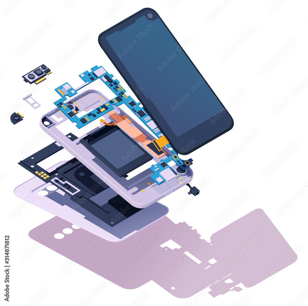 Vector isometric disassembled smartphone. Modern smartphone exploded ...