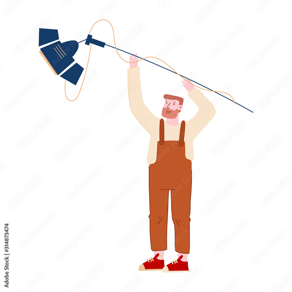 Light Technician Staff Holding Spotlight Equipment Isolated on White ...