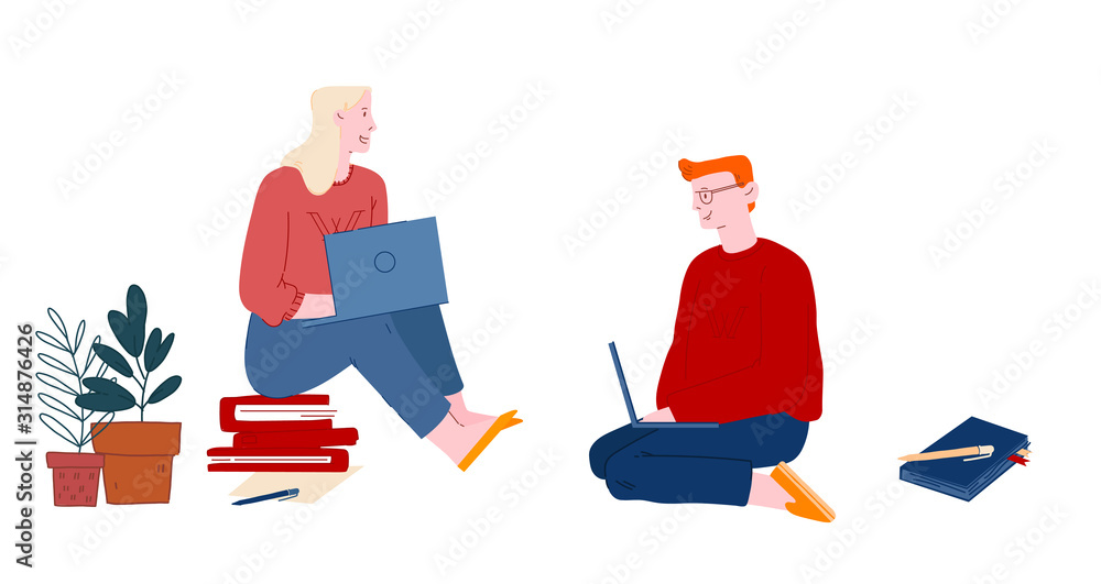 Man and Woman Students Sit on Floor with Books around and Laptops in ...