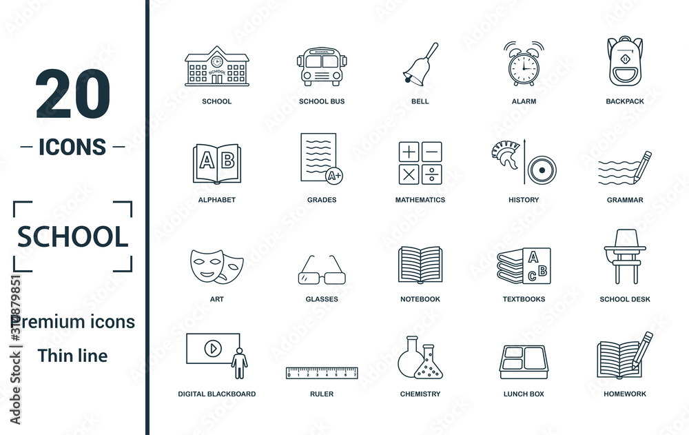 School icon set. Include creative elements school, bell, alphabet ...