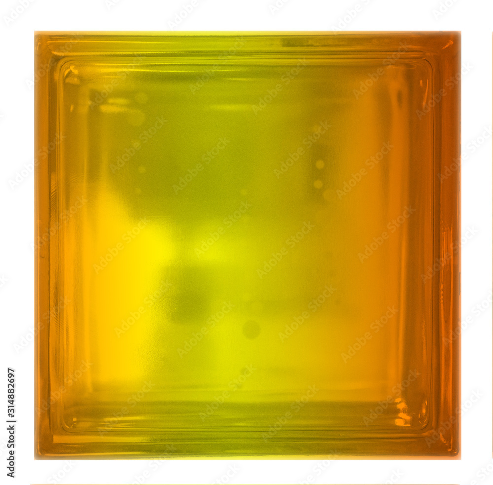 Isolated yellow shade light transparent square mirror cube glass block ...