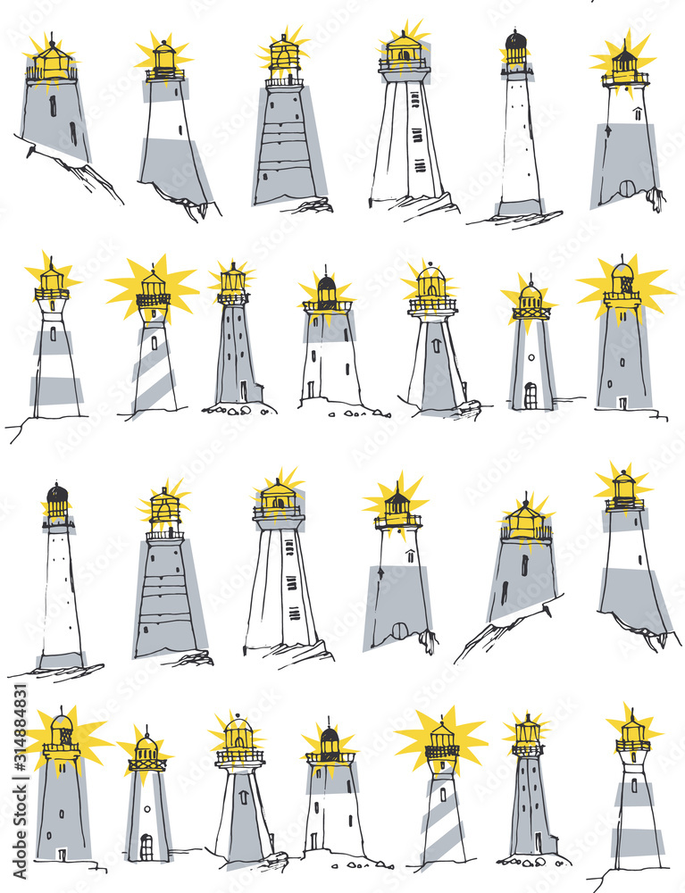 Pattern with beacons on a white background. Line sketch. Drawn vector ...