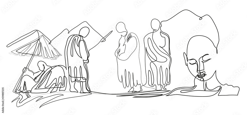 One continuous line drawing of buddhist monk and nature. Simple line ...