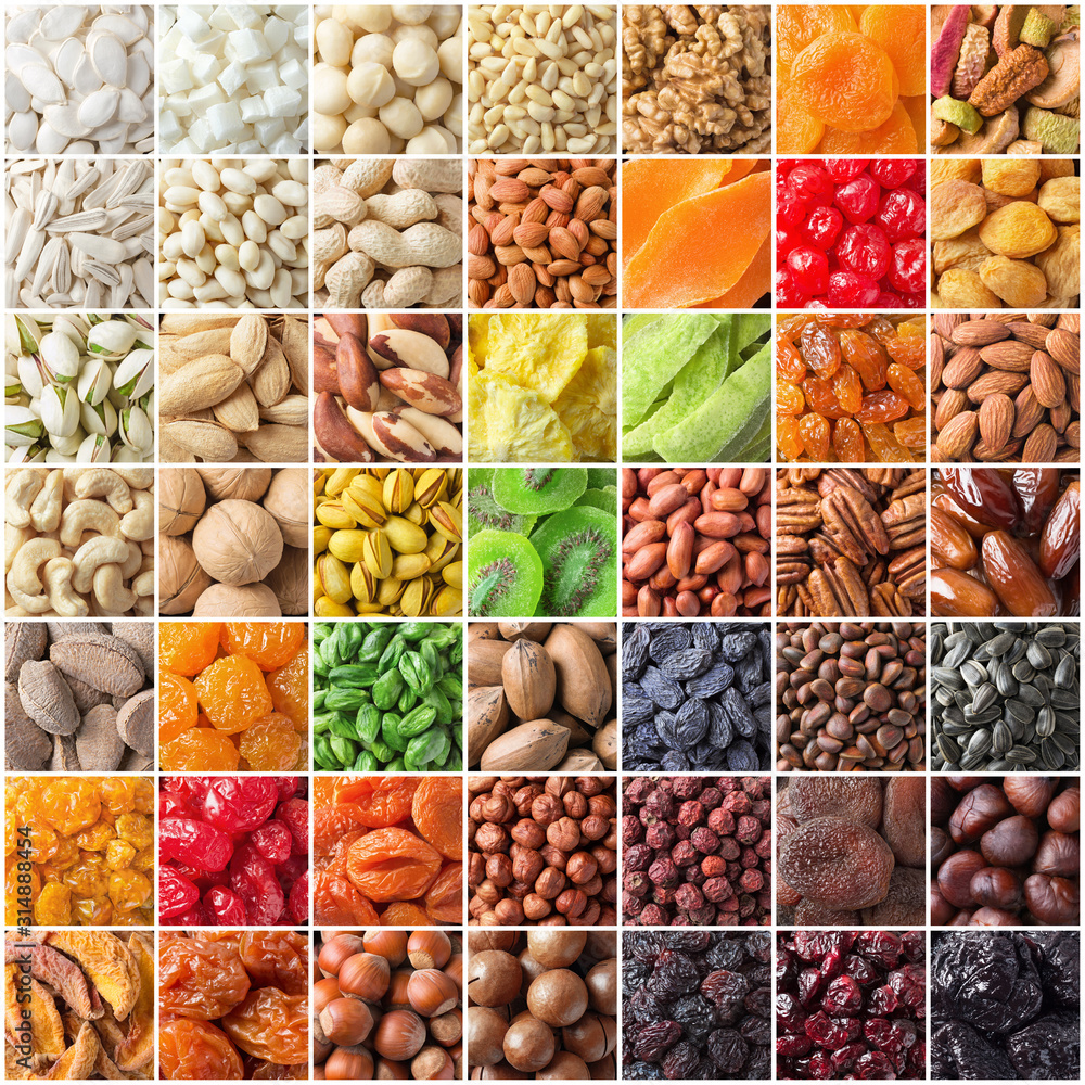 mix kinds nuts and dried fruit. colorful raw food collage Stock Photo ...