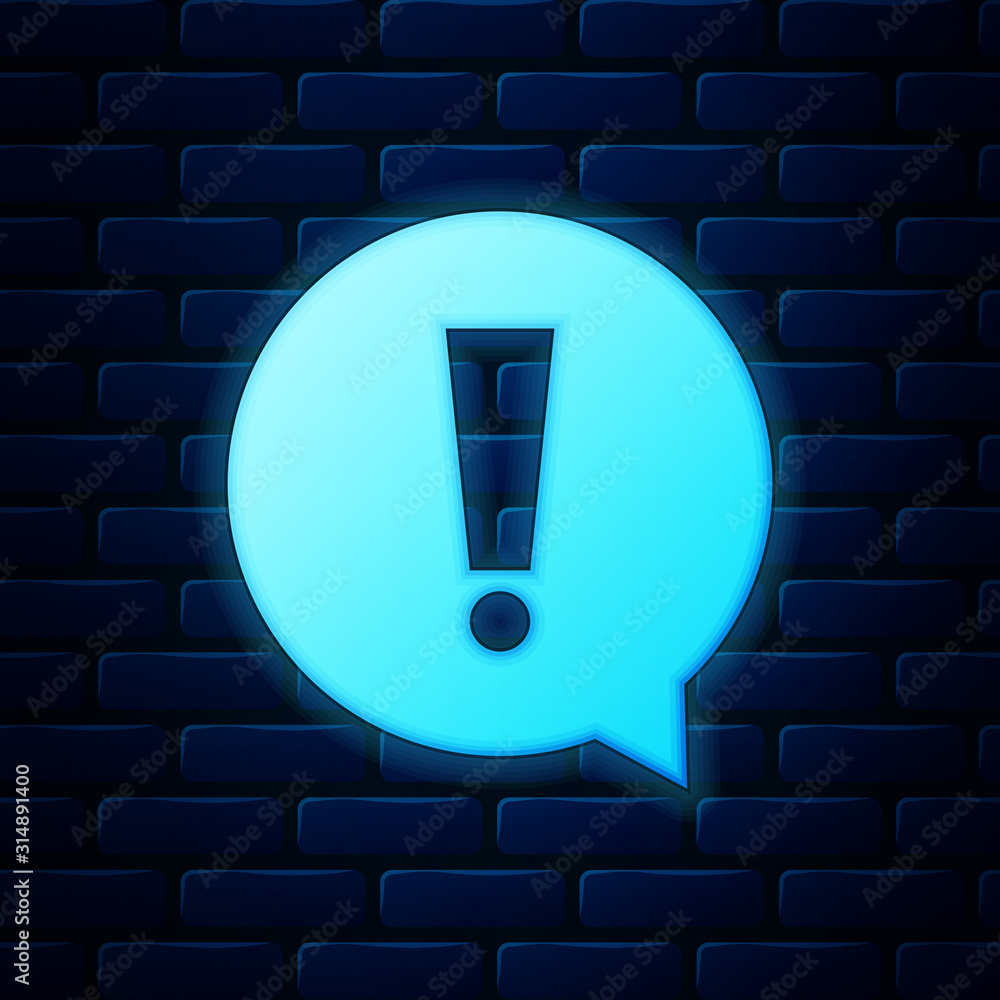 Glowing neon Exclamation mark in circle icon isolated on brick wall ...