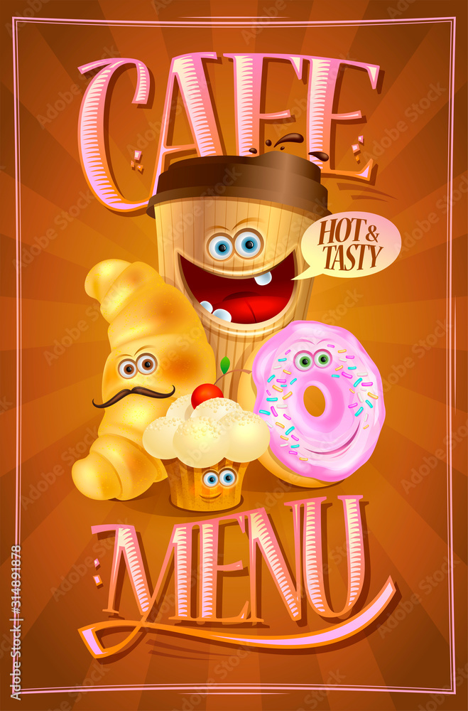 Cafe menu design with coffee, croissant, muffin and donut Stock Vector ...