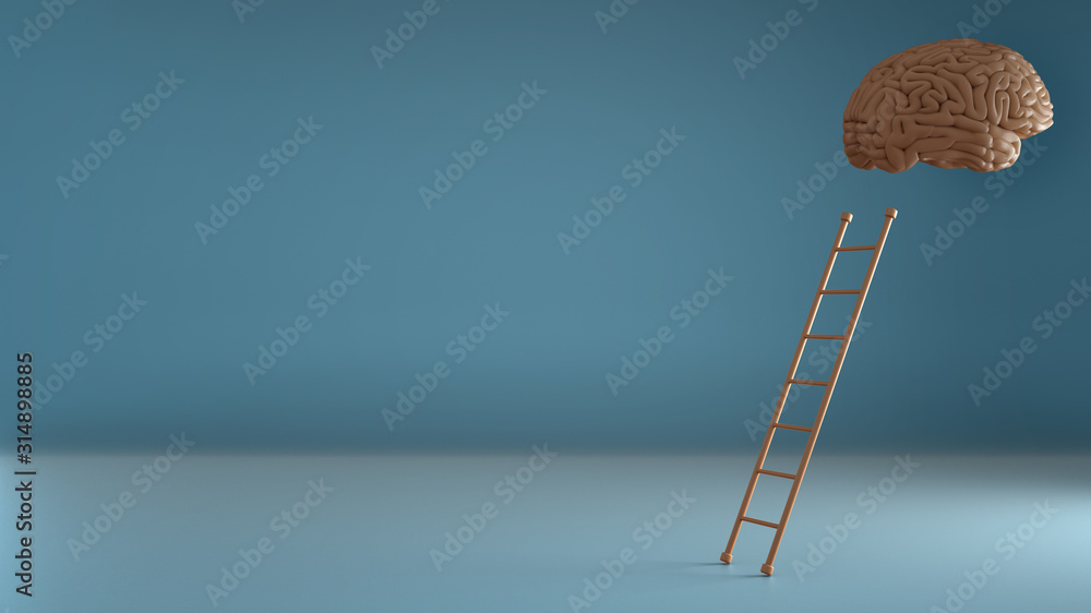 Step ladder leading to human floating brain on blue background. Growth ...