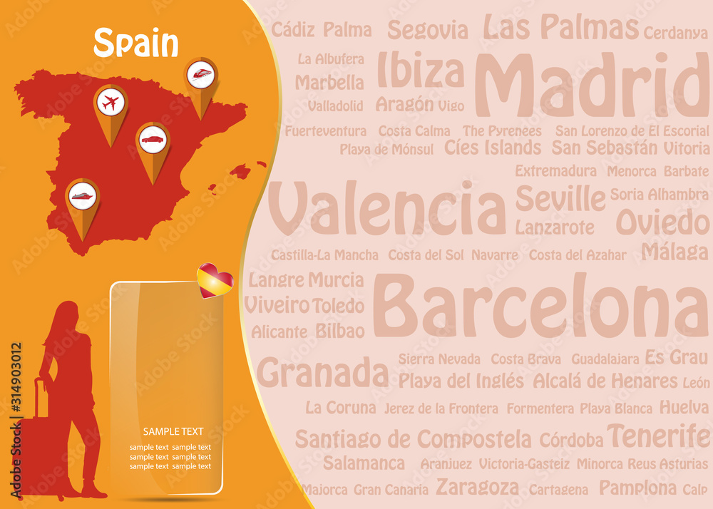 Travel to Spain template vector with names of famous Spanish landmarks ...