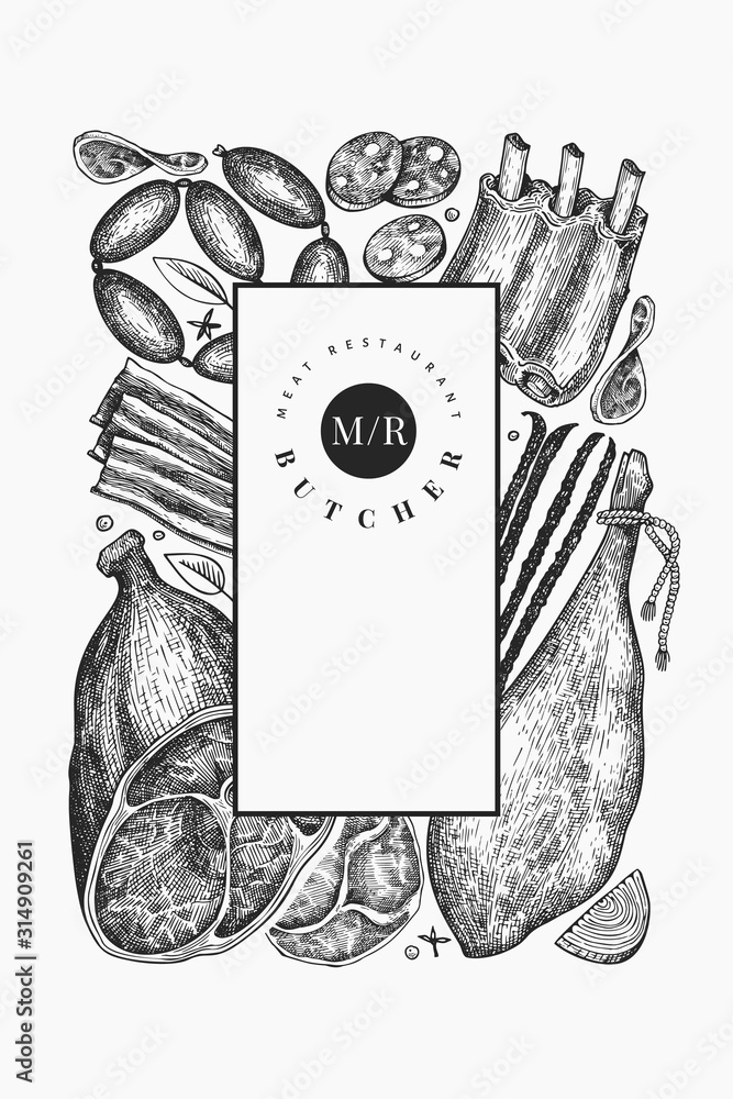 Vintage vector meat products design template. Hand drawn ham, sausages ...