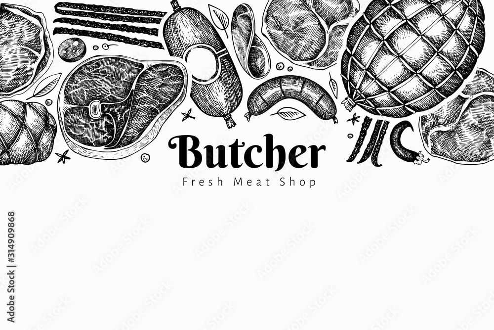Vintage vector meat products design template. Hand drawn ham, sausages ...