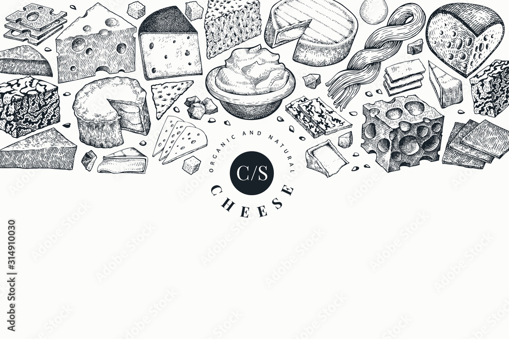 Cheese design template. Hand drawn vector dairy illustration. Engraved ...