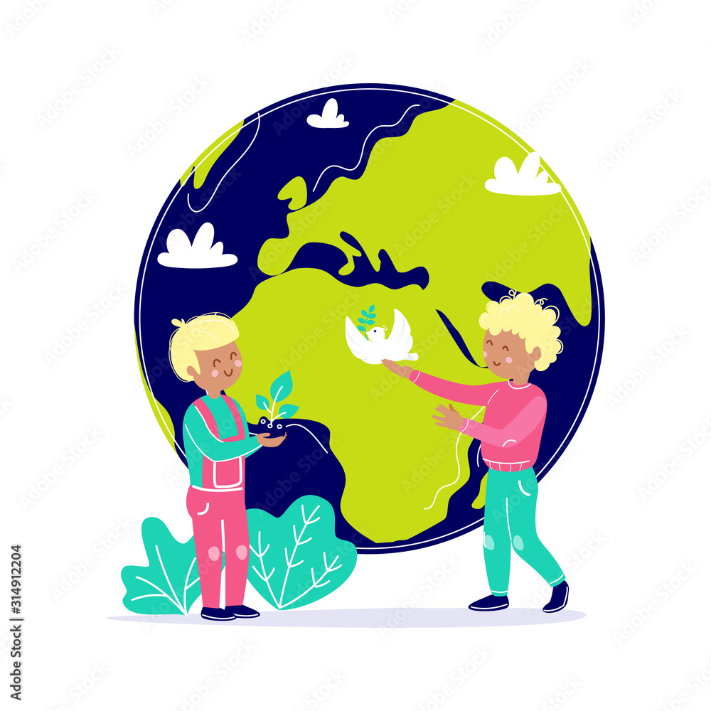 Kids take care about Earth. Children protect planet. Ecology ...