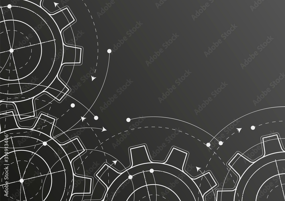 Technological black background .Technical drawing of gears .Rotating ...