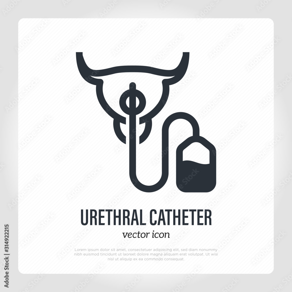 Urethral catheter inserted in urethra. Thin line icon. Medical ...