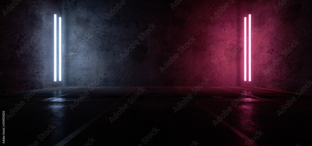 Empty Neon Tube Sci Fi Parking Lot Underground Garage Car Space Glowing ...