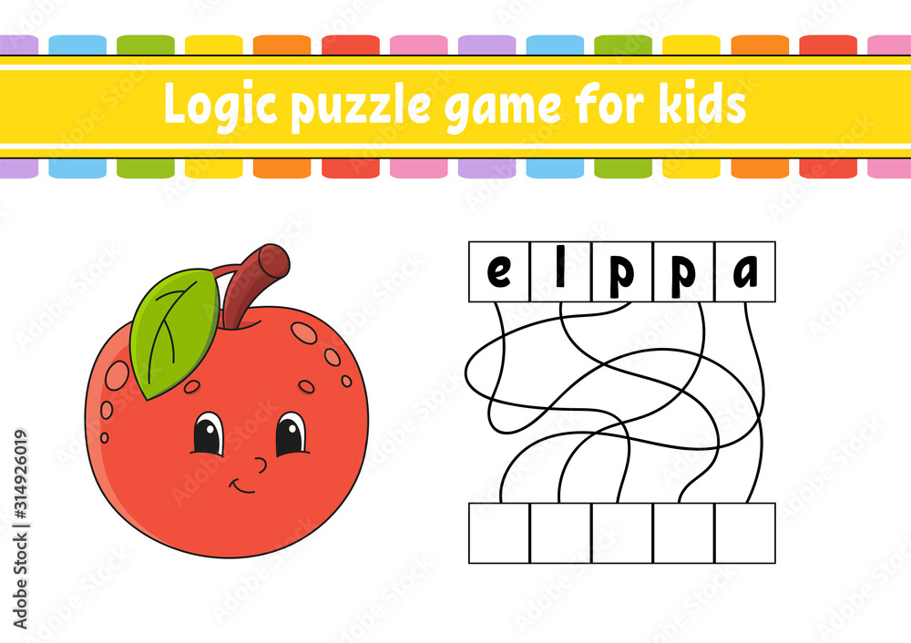 Logic puzzle game. Learning words for kids. Cute Apple. Find the hidden ...