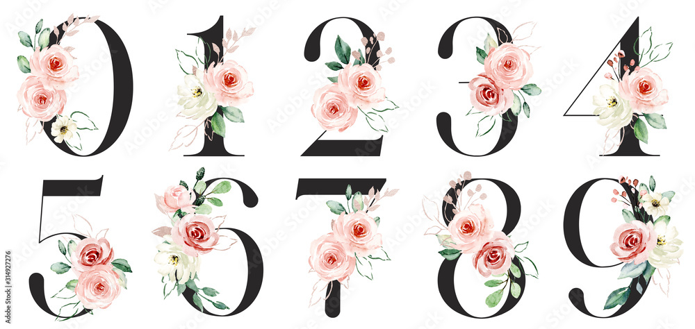 Numbers set with watercolor flowers pink roses and leaf. Perfectly for ...