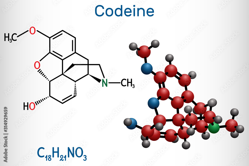 Codeine, opioid analgesic molecule. It is used as a central analgesic ...