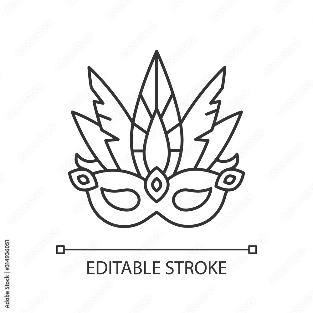 Masquerade mask pixel perfect linear icon. Traditional headwear with ...