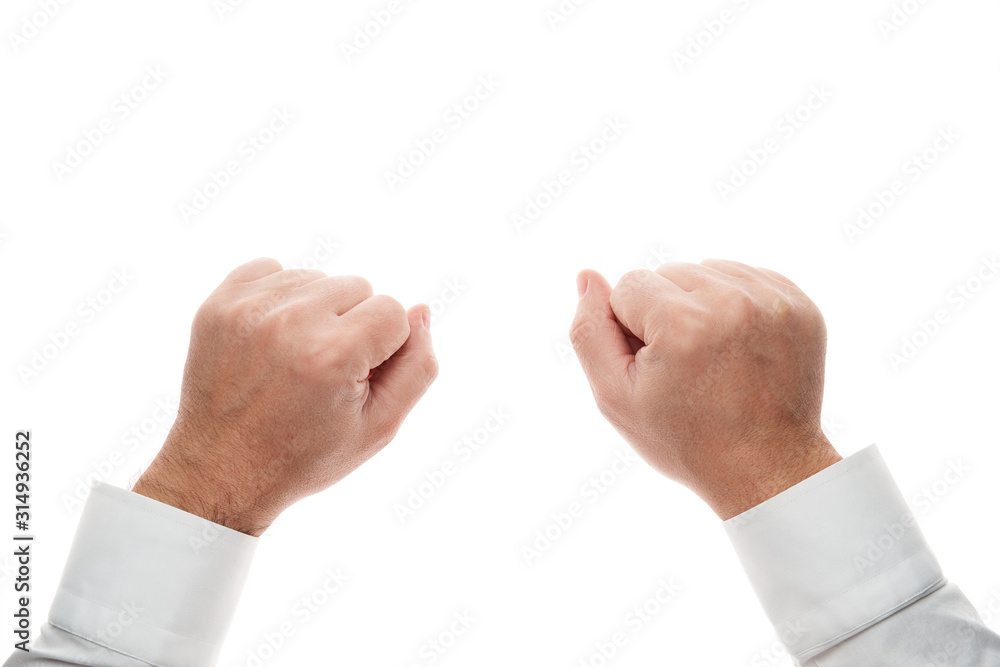 Man hands, knuckle gesture, isolated on white background. White shirt ...