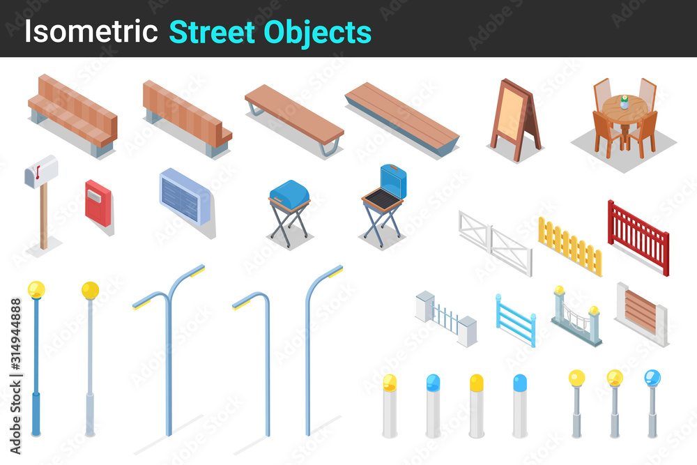 Vetor de Isometric Street objects flat vector collection: Bench, Fence ...