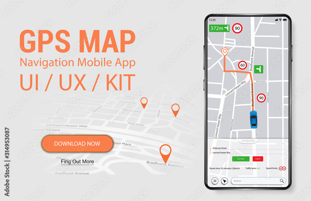 Map GPS Navigation Smartphone App Screen. UI, UX, KIT Mobile ...