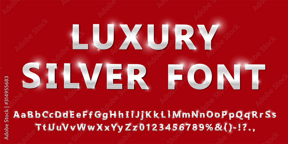 Shiny modern silver font isolated on red background. Vintage platinum ...