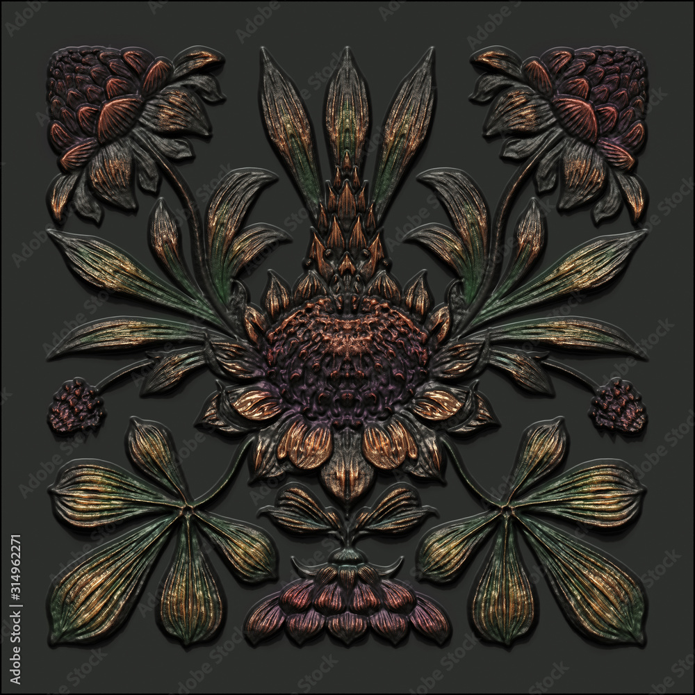 3d render, abstract black gold vintage floral background, medieval ...