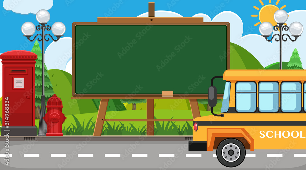 Border template with school bus on the road Stock Vector | Adobe Stock