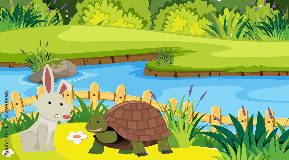 Background scene with rabbit, hare and turtle Stock Vector | Adobe Stock
