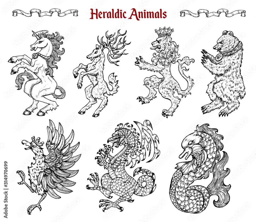 Design set with collection of heraldic beasts and animals like unicorn ...