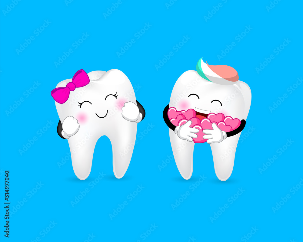 Cute cartoon tooth character with heart. Couple in love, Valentine's ...