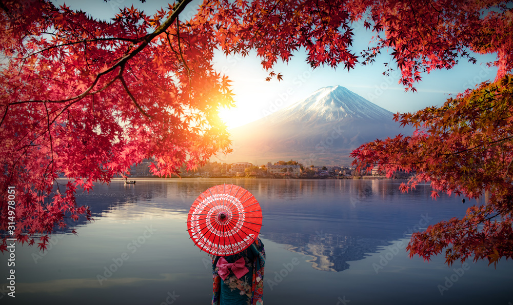 Colorful Autumn Season and Mountain Fuji with morning fog and red ...