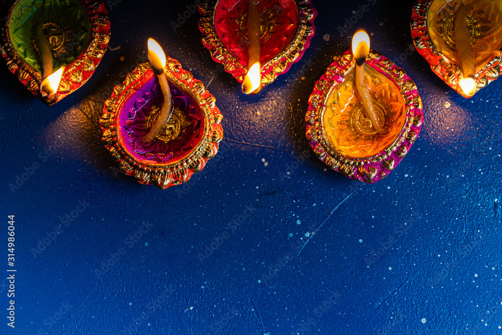 Burning Decorated Ceramic Oil Lamp Diya On Happy Diwali Shubh Diwali 