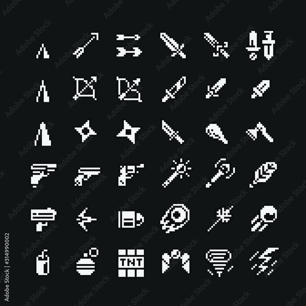 1 bit medieval weapon and armor icon, revolver gun, bomb, helmet, bow ...