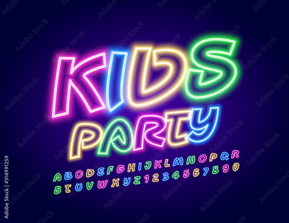 Vector colorful Sign Kids Party. Glowing Playful Font. Neon Alphabet ...
