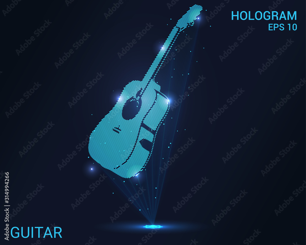 Hologram guitar. A holographic projection of the guitar. Flickering ...