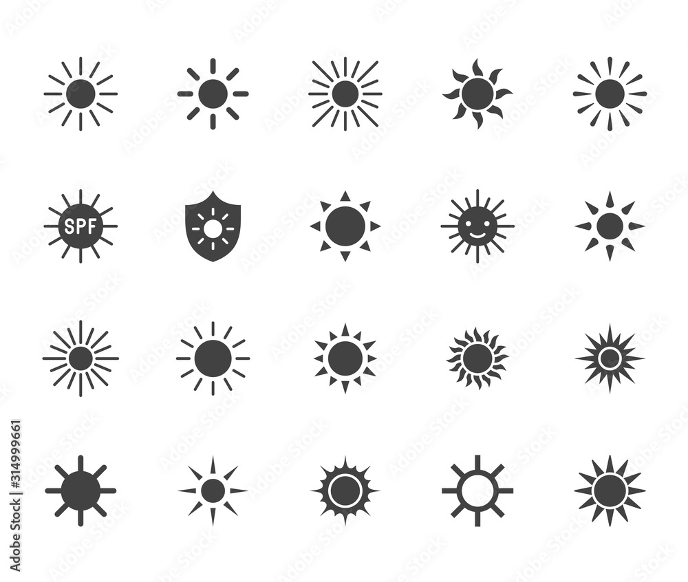 Sun flat glyph icons set. Sunshine, sunny day, summer heat, morning ...