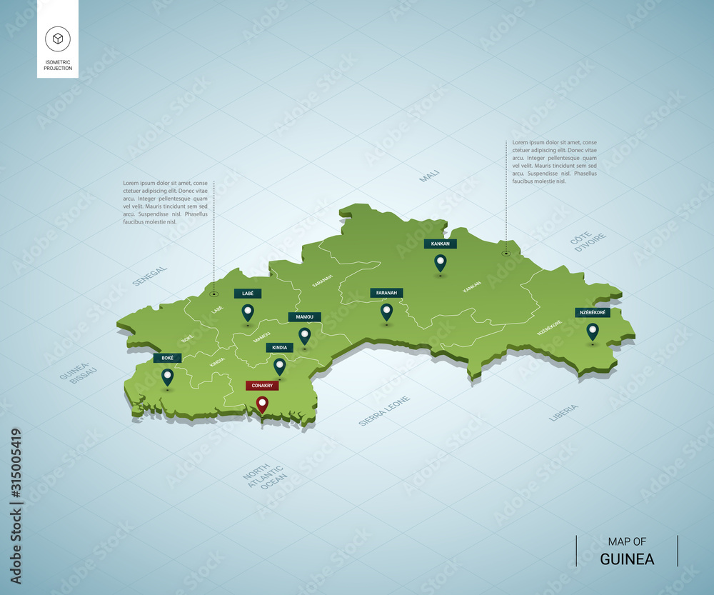 Stylized map of Guinea. Isometric 3D green map with cities, borders ...