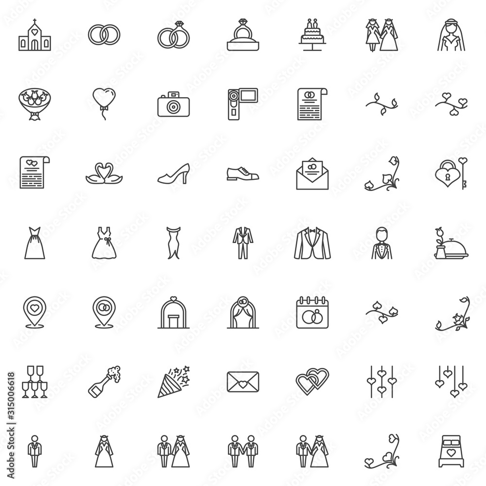 Wedding, marriage line icons set. Bridal linear style symbols ...