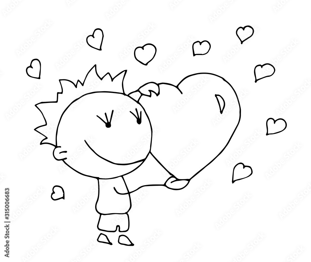 Coloring book for kids - smiling boy holding a heart in his hands. Be ...