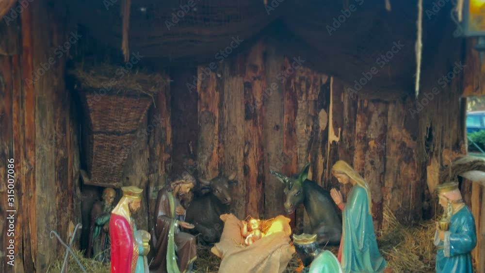 Christmas nativity scene represented with statuettes of Mary, Joseph ...