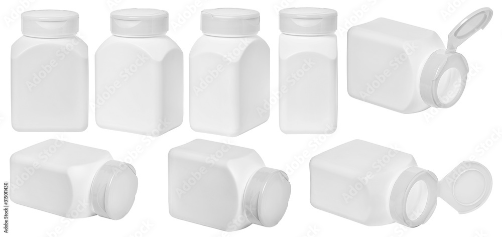 different angles set of Pill jar mockup isolated. Supplement bottle ...