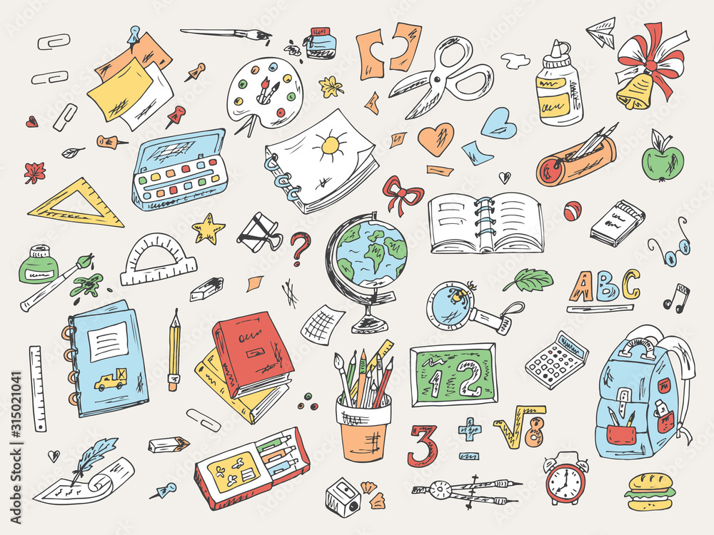 Set of school supplies. Back to school. Hand Drawn Doodles illustration ...