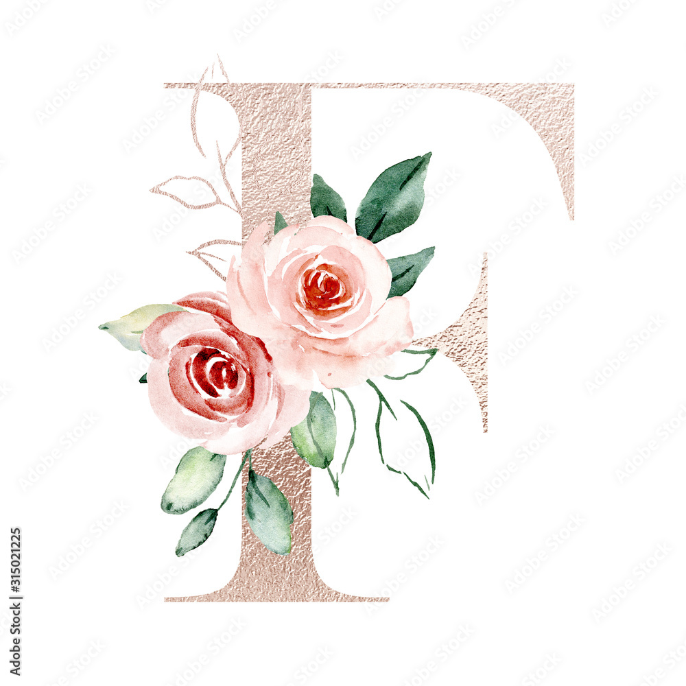 Letter f, gold alphabet letters with watercolor flowers roses and leaf ...