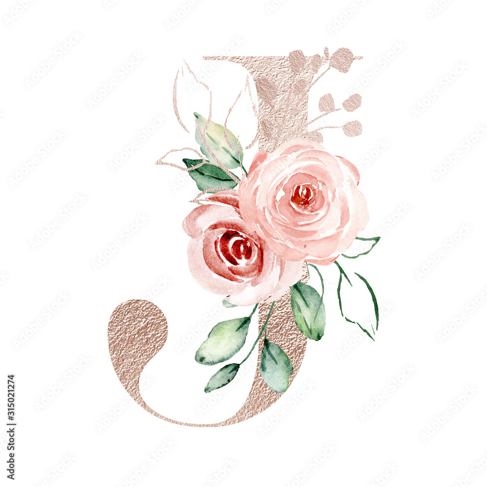 Letter j, gold alphabet letters with watercolor flowers roses and leaf ...