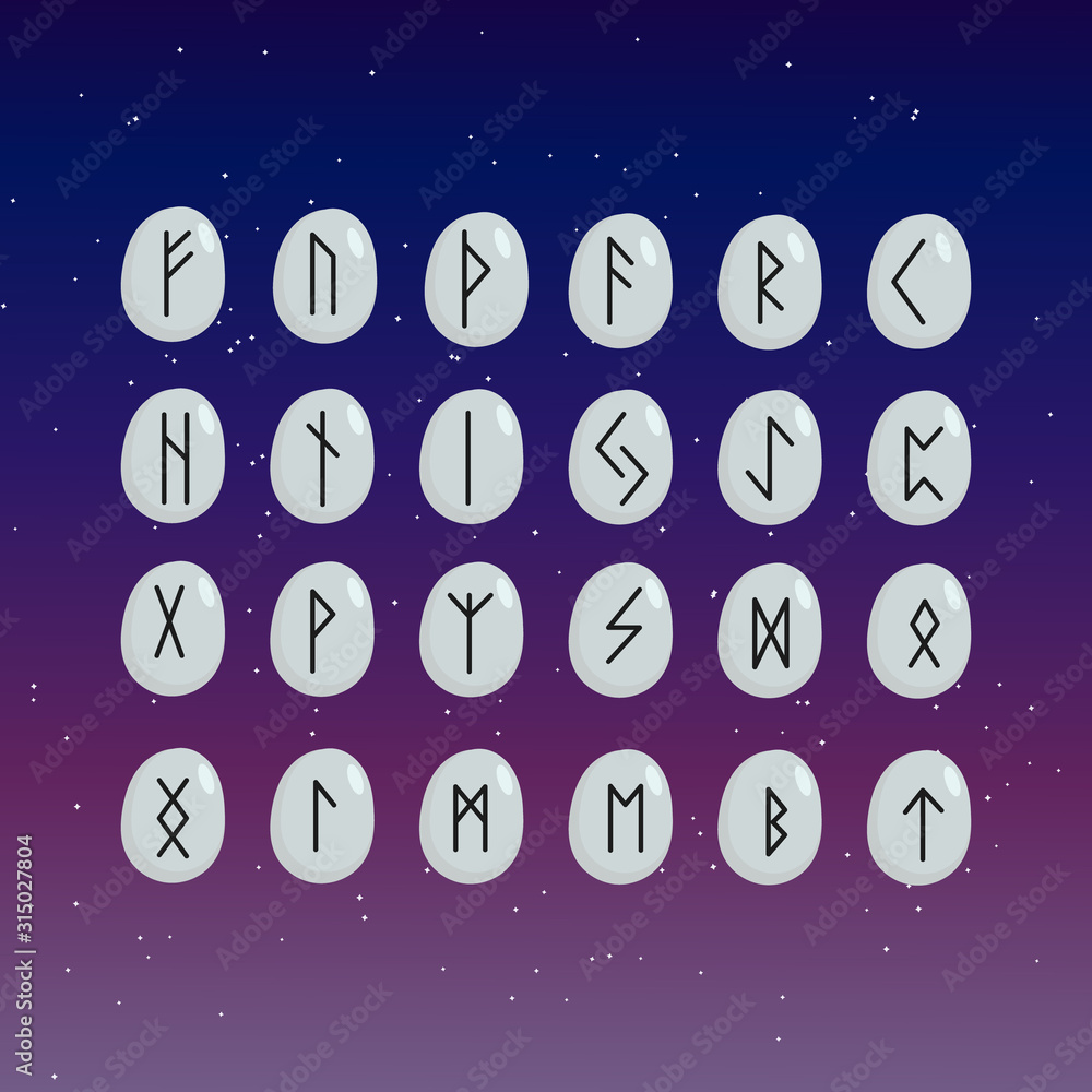 Scandinavian runes on blue background. Runic alphabet. Ancient occult ...